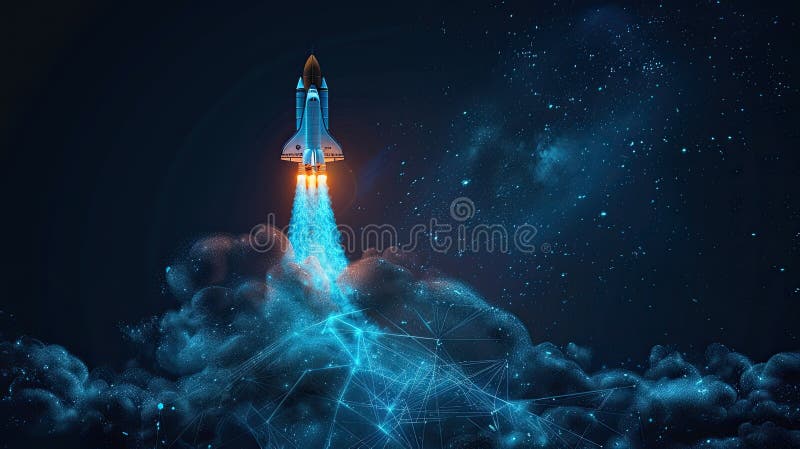 Abstract Space Shuttle Launches into Space. Glowing Rocket and Smoke ...