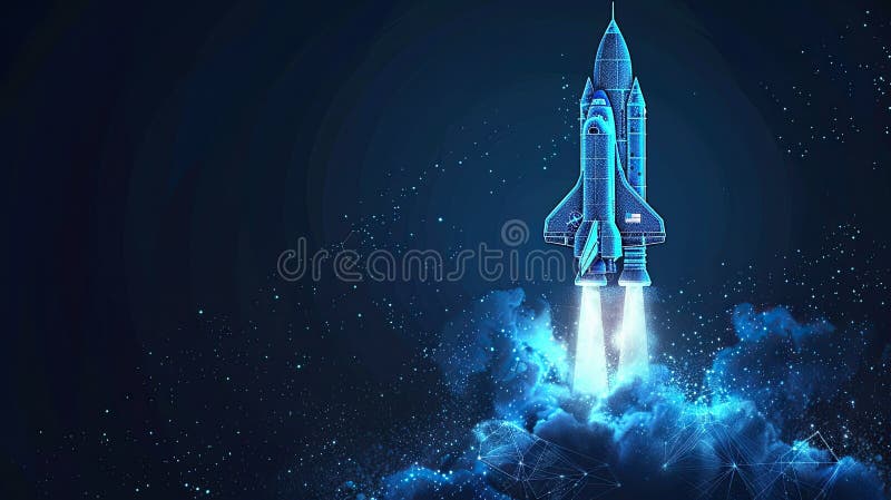 Abstract Space Shuttle Launches into Space. Glowing Rocket and Smoke ...