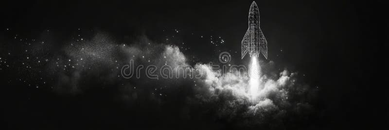 A Polygonal Wireframe Rocket Launches into the Sky, Surrounded by ...
