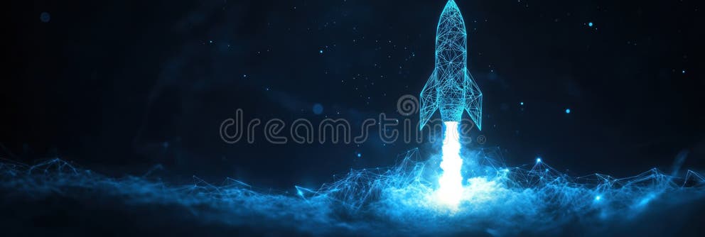 A Polygonal Wireframe Rocket is Shown Launching into a Digital ...