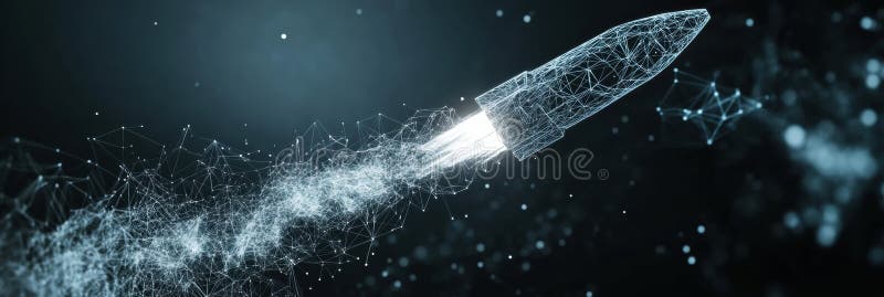 A Polygonal Wireframe Rocket Takes Off with a Trail of Particles ...