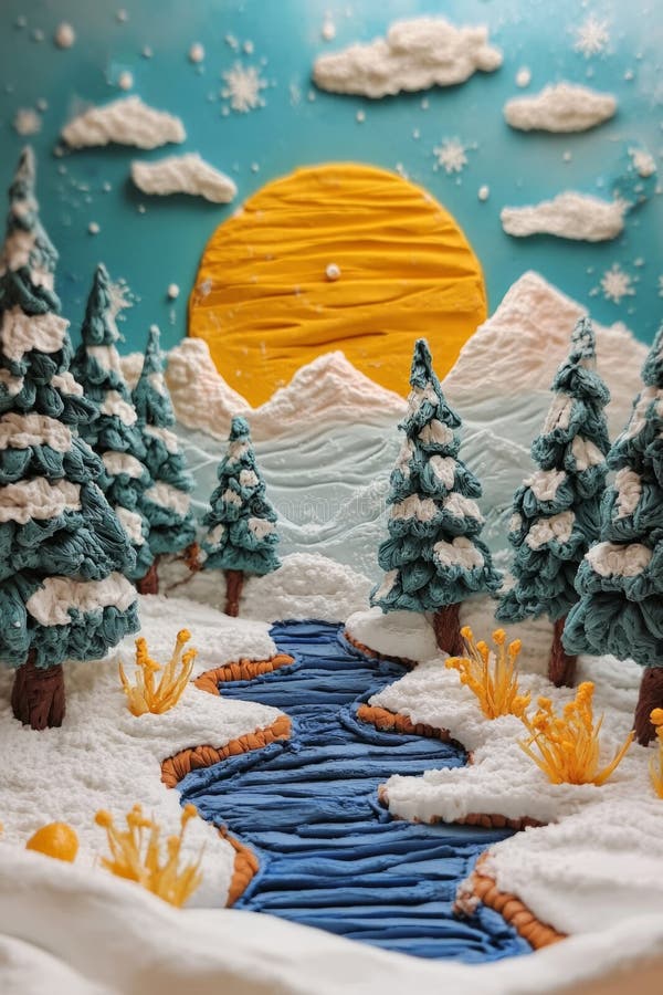 Polymer Clay Winter Landscape with River Flowing through Snowy Forest ...