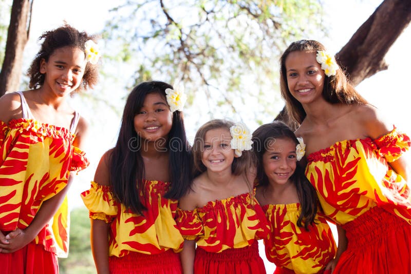 Beautiful Polynesian Hula Girls Smiling at Camera Stock Image - Image ...