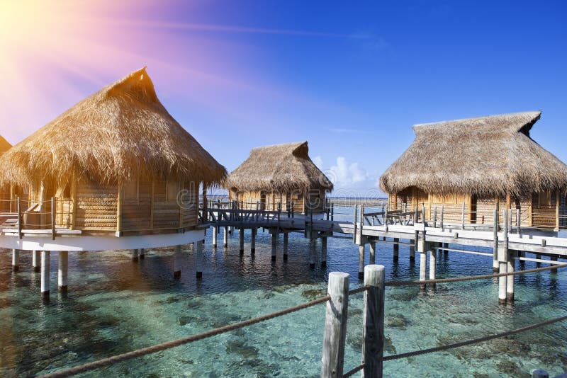 Polynesian Landscape -small Houses on Water. Stock Photo - Image of ...