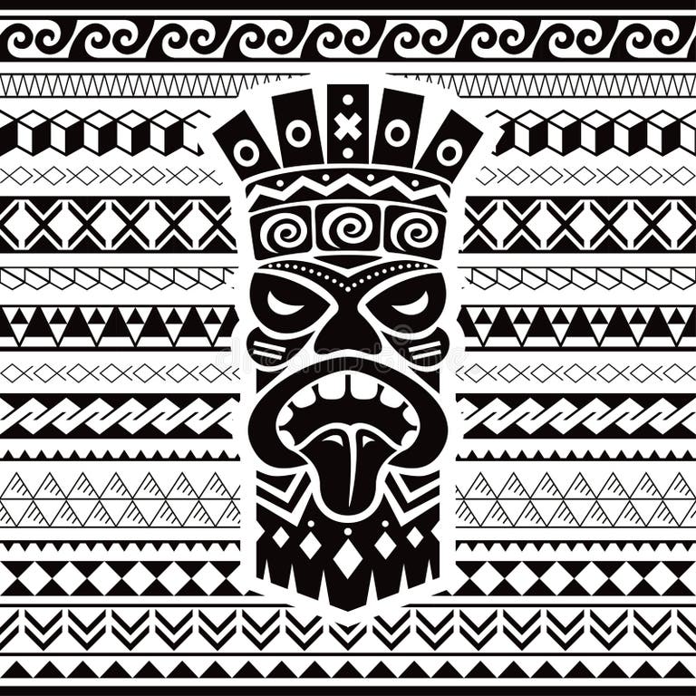 Polynesian Maori Geometric Seamless Vector Pattern with Totem Head ...