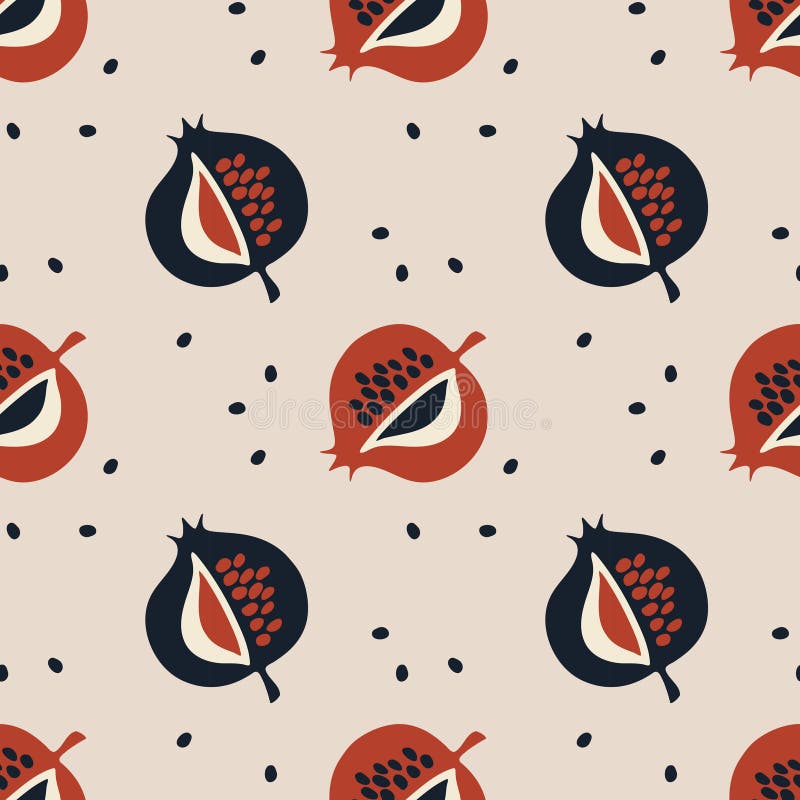 Pomegranate Fruit Pattern, Hand Drawn Doodles in Red and Black Colors ...