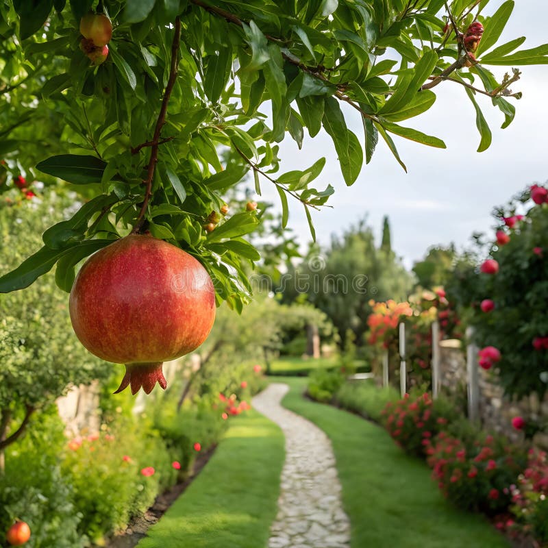 Pomegranate in the Garden Nicely Stock Illustration - Illustration of ...