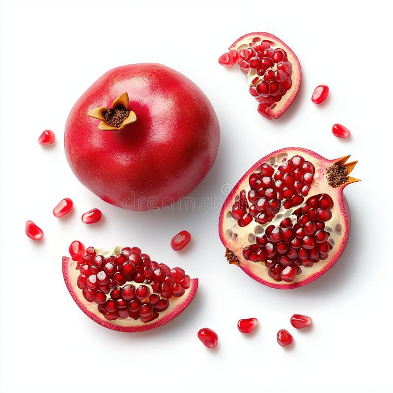 Pomegranate Seeds, One Ruby-red Whole Fruit and Fruit Slices Isolated ...