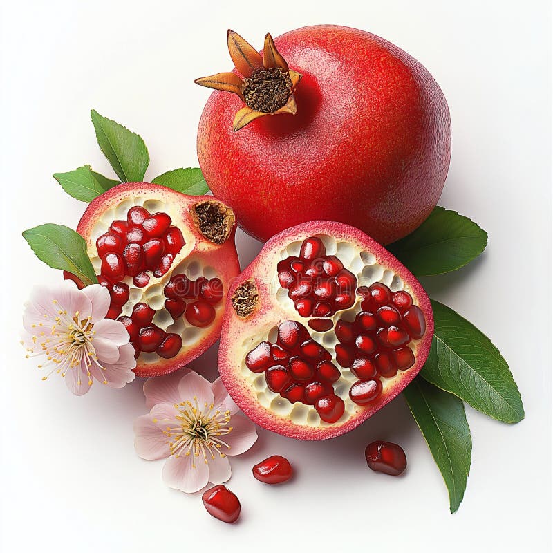 Pomegranate Seeds, One Ruby-red Whole Fruit and Fruit Slices Isolated ...