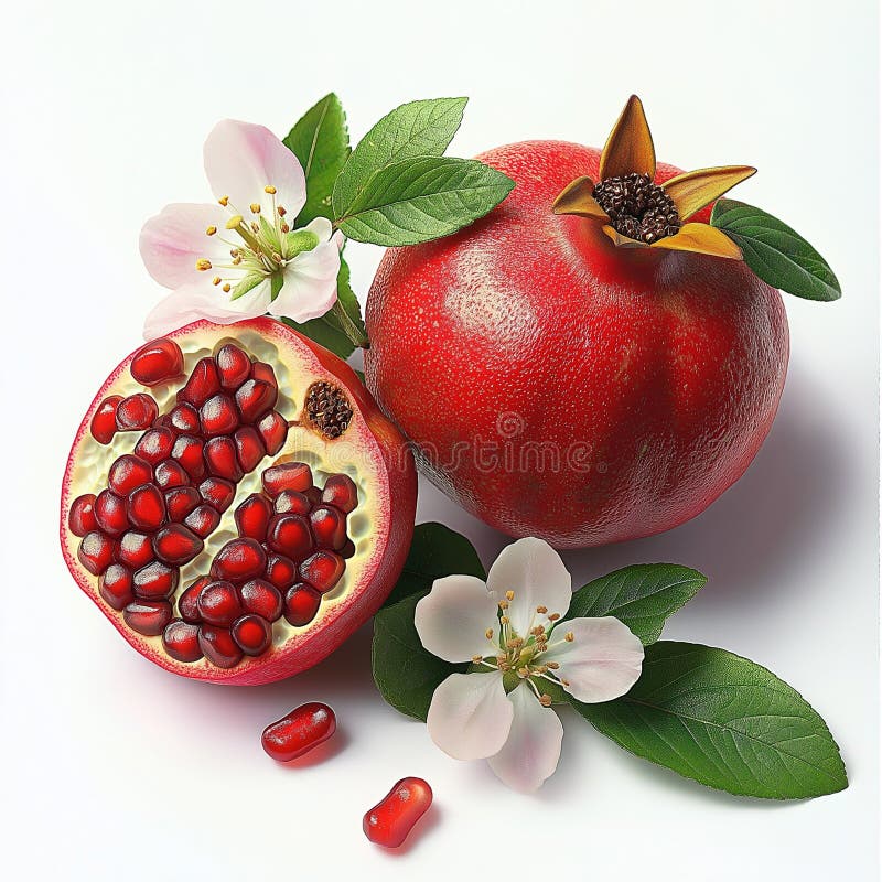 Pomegranate Seeds, One Ruby-red Whole Fruit and Fruit Slices Isolated ...