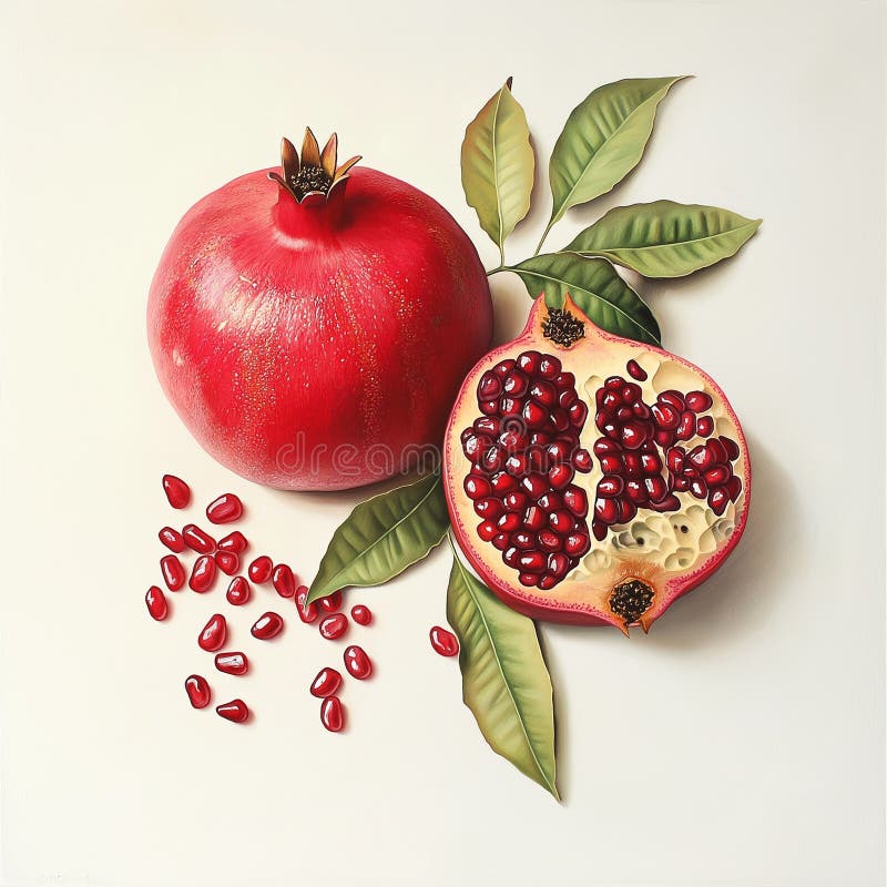 Pomegranate Seeds, One Ruby-red Whole Fruit and Fruit Slices Isolated ...