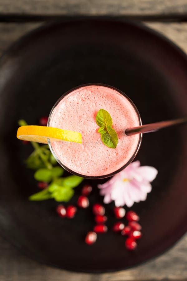 Pomegranate Smoothie with Mint Decoration - Top View Stock Image ...