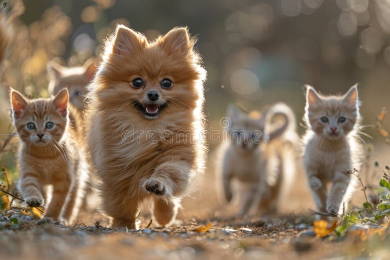 Pomeranian Dog and Kittens Running Outdoors. Stock Photo - Image of ...