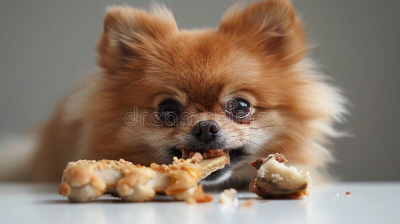 A Pomeranian Enthusiastically Devouring a Bone with Small Amounts of ...