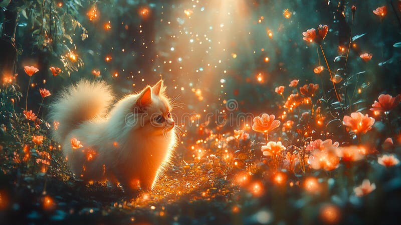 Pomeranian Following Path of Glowing Flowers that Leads Them Stock ...