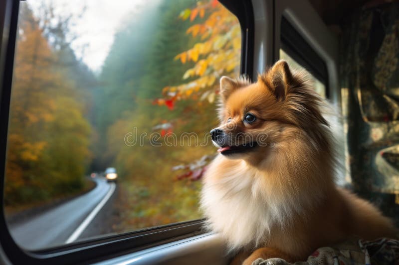 Pomeranian Looking Out of a Camper Van Window on a Forest Road Stock ...