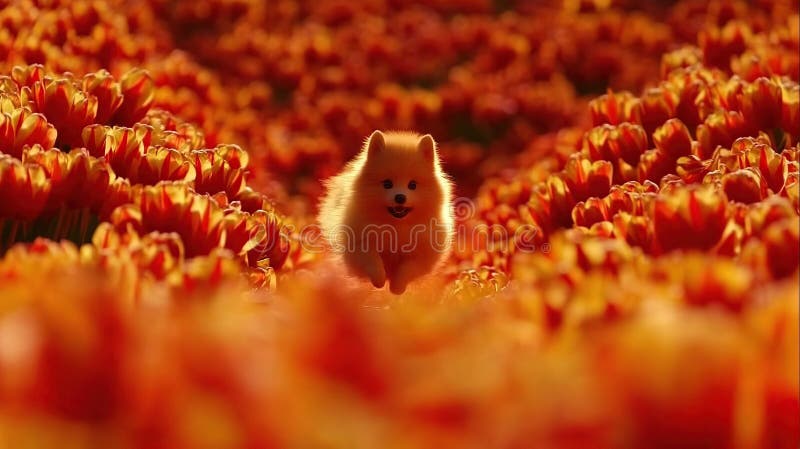 Pomeranian Puppy Running Tulips Field Sunset Spring Stock Photo - Image ...