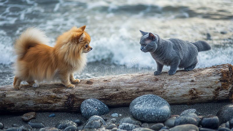 Pomeranian and Russian Blue Cat Exploring Driftwood Log on the Beach ...