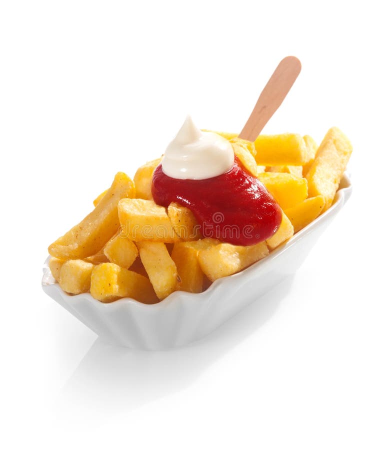Pommes Chips Frites D'or Avec Le Ketchup Et Le Mayo Photo stock - Image ...