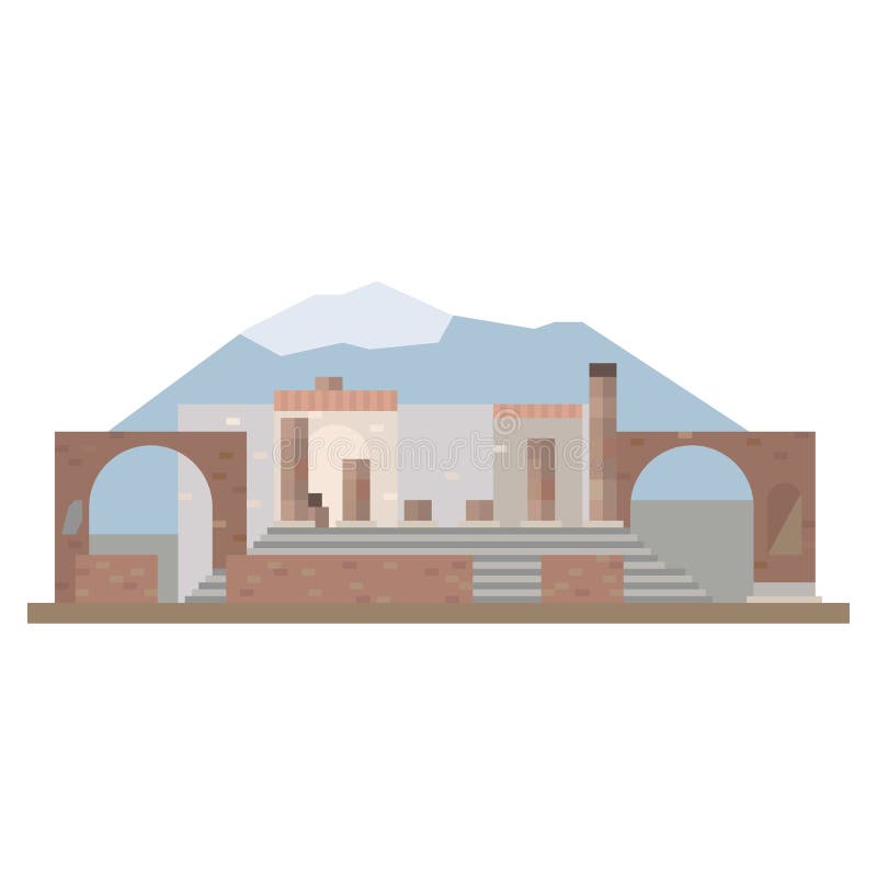 Pompeii Ruins and Mount Vesuvius, Italy Flat Design Vector Icon Stock ...
