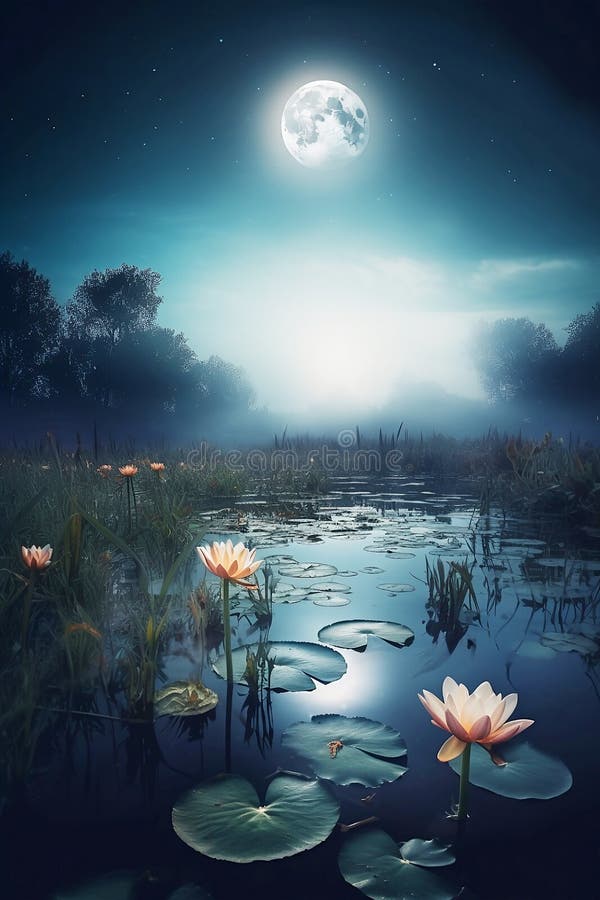 Pond with Blooming Lotus Flowers at Fullmoon Night Stock Illustration ...