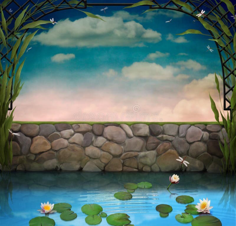 Cartoon pond with lotus stock vector. Illustration of leaf - 11059700