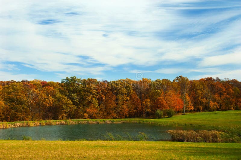 Pond in fall stock image. Image of trees, farmland, clouds - 45735801
