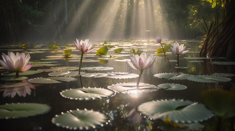 A Pond Filled with Water Lilies Under a Beam of Sunlight Stock Photo ...
