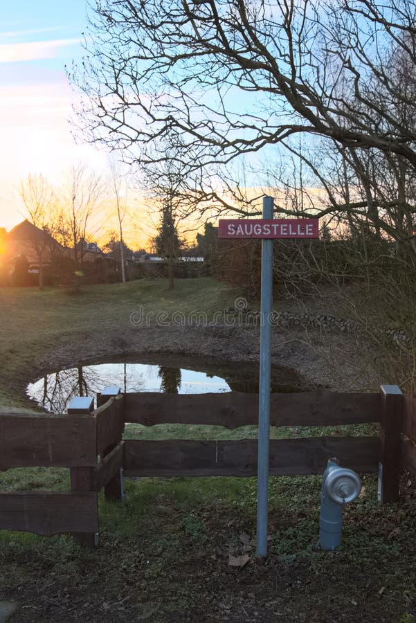 Pond with Fire Fighting Water. the Word on the Sign Means Draw Point ...