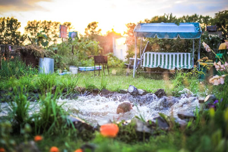 Pond in Landscape Design with Swing and Grass Stock Image - Image of ...