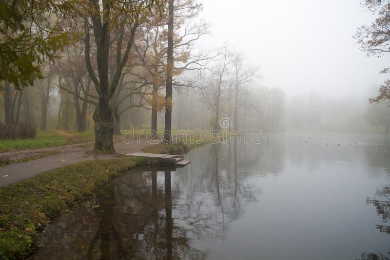Pond and park in the fog stock image. Image of park, garden - 27419307