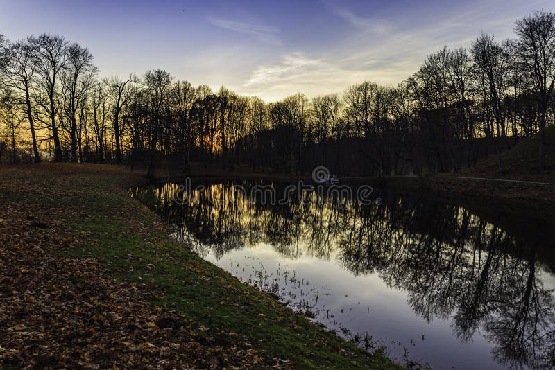 Pond in the Park with Trees Reflection from a Beautiful Sunset Stock ...