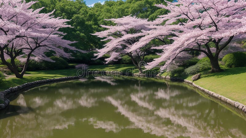 A Pond with Pink Flowers and Trees Stock Illustration - Illustration of ...