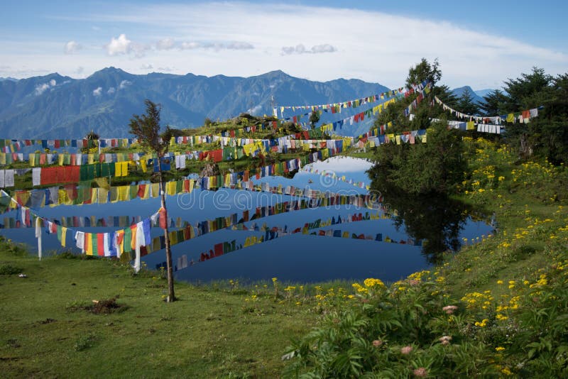 Pond with prayer flags stock photo. Image of used, reflection - 86503768