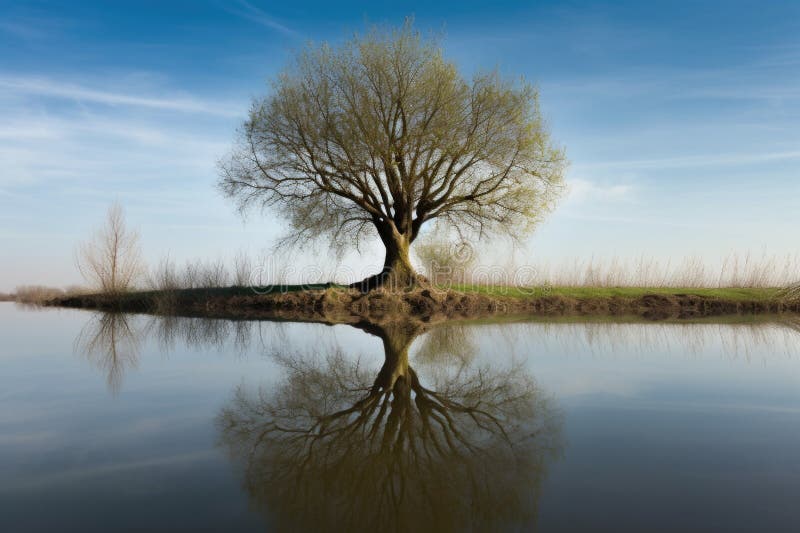 Pond with Sprouting Tree and Reflection in the Water Stock Illustration ...