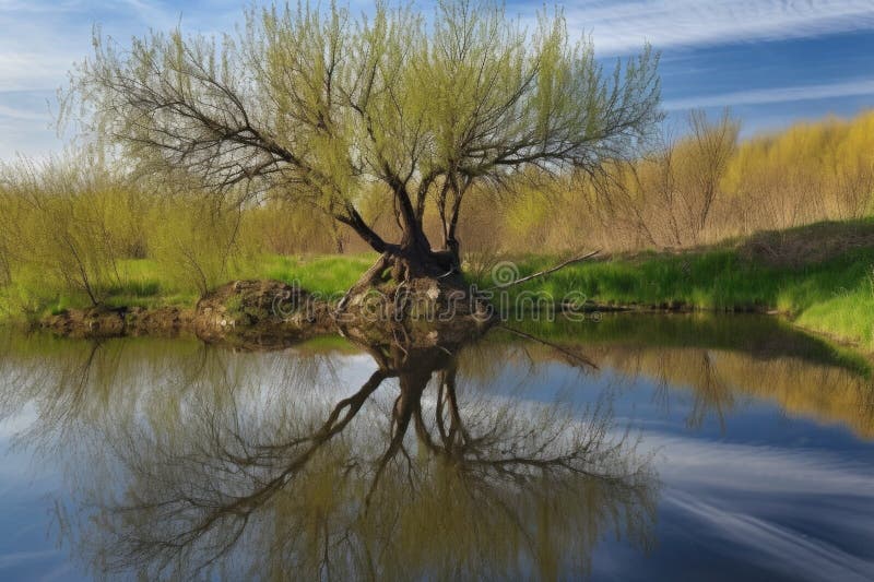 Pond with Sprouting Tree and Reflection in the Water Stock Illustration ...