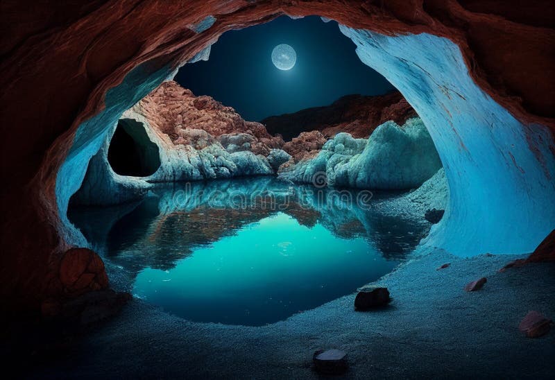 Pond Under Moonlight in a Cave. AI Generated Stock Illustration ...
