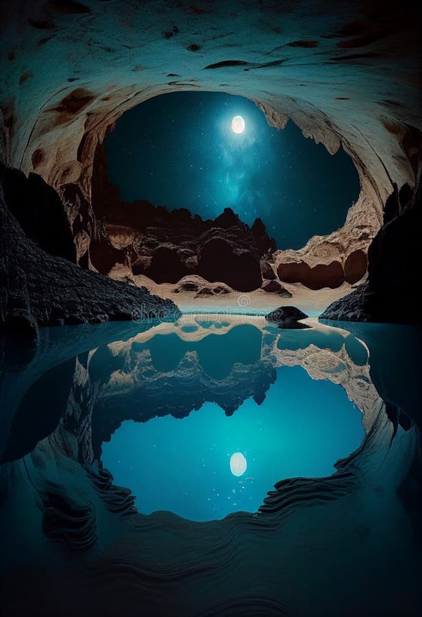 Pond Under Moonlight in a Cave. AI Generated Stock Illustration ...