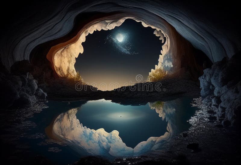 Pond Under Moonlight in a Cave. AI Generated Stock Illustration ...