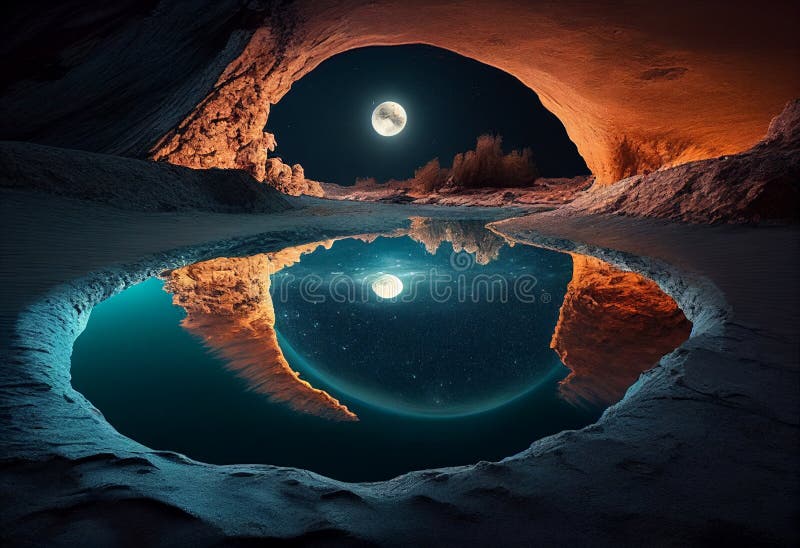 Pond Under Moonlight in a Cave. AI Generated Stock Illustration ...