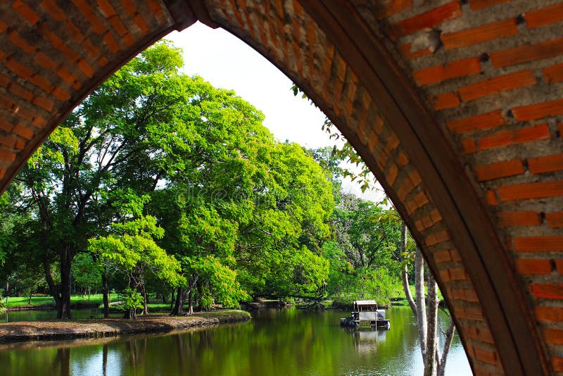 The Pond View in the Park Looking through the Red Bricks Frame Stock ...