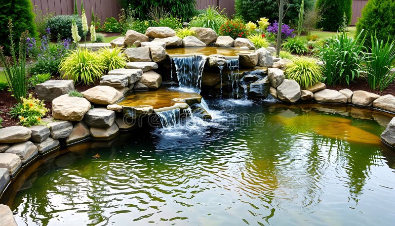 Pond with Waterfall and Greenery, Peaceful Water Feature and Garden ...