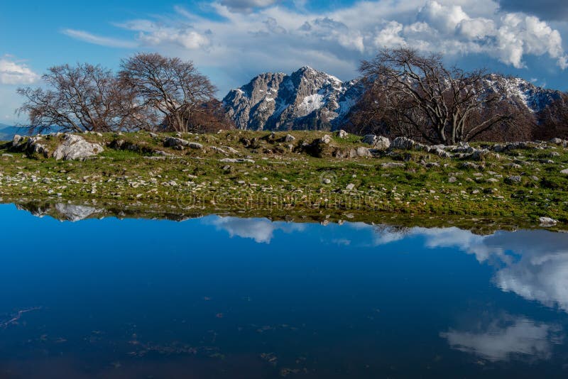 Pond Where the Snow-capped Mountains Stock Image - Image of pond ...