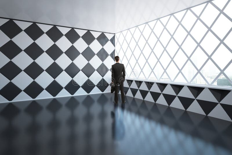 Pondering Businessman in Chessboard Interior Stock Illustration ...