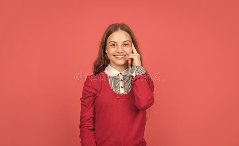Pondering Happy Kid in School Uniform on Red Background, Student Stock ...