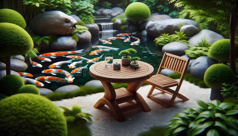 Close-up of a Garden Table Next To a Koi Pond, Stock Illustration ...