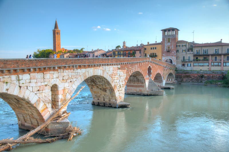 Ponte Pietra Bridge in Verona, Italy Stock Photo - Image of downtown ...