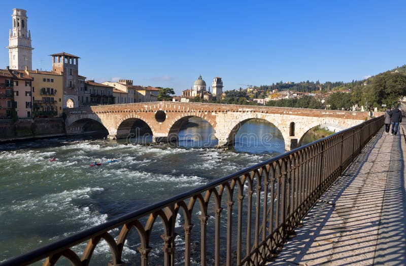 Ponte Pietra (Stone Bridge) in Verona - Italy. Stock Image - Image of ...