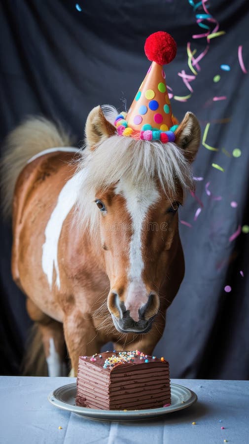 Pony in Party Hat with Balloons in Studio Setting Stock Illustration ...
