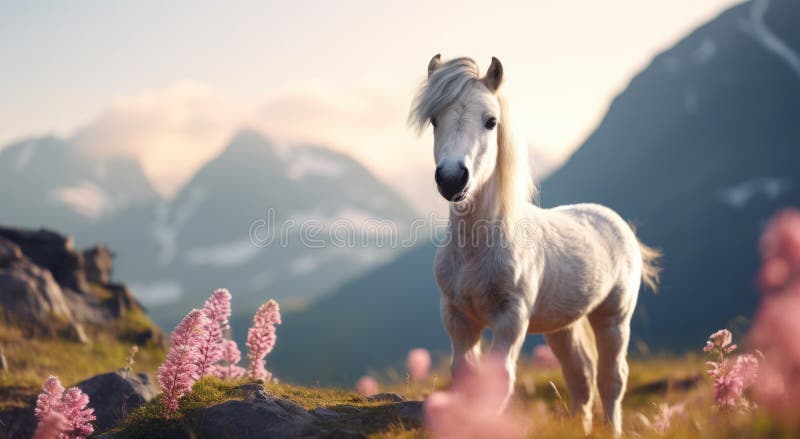 A Pony Standing in Nature with Mountains in the Background Stock Image ...
